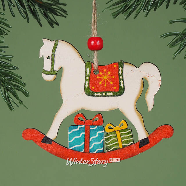 Елочная игрушка Деревянная Лошадка-Качалка с гостинцами 8 см, подвеска ...